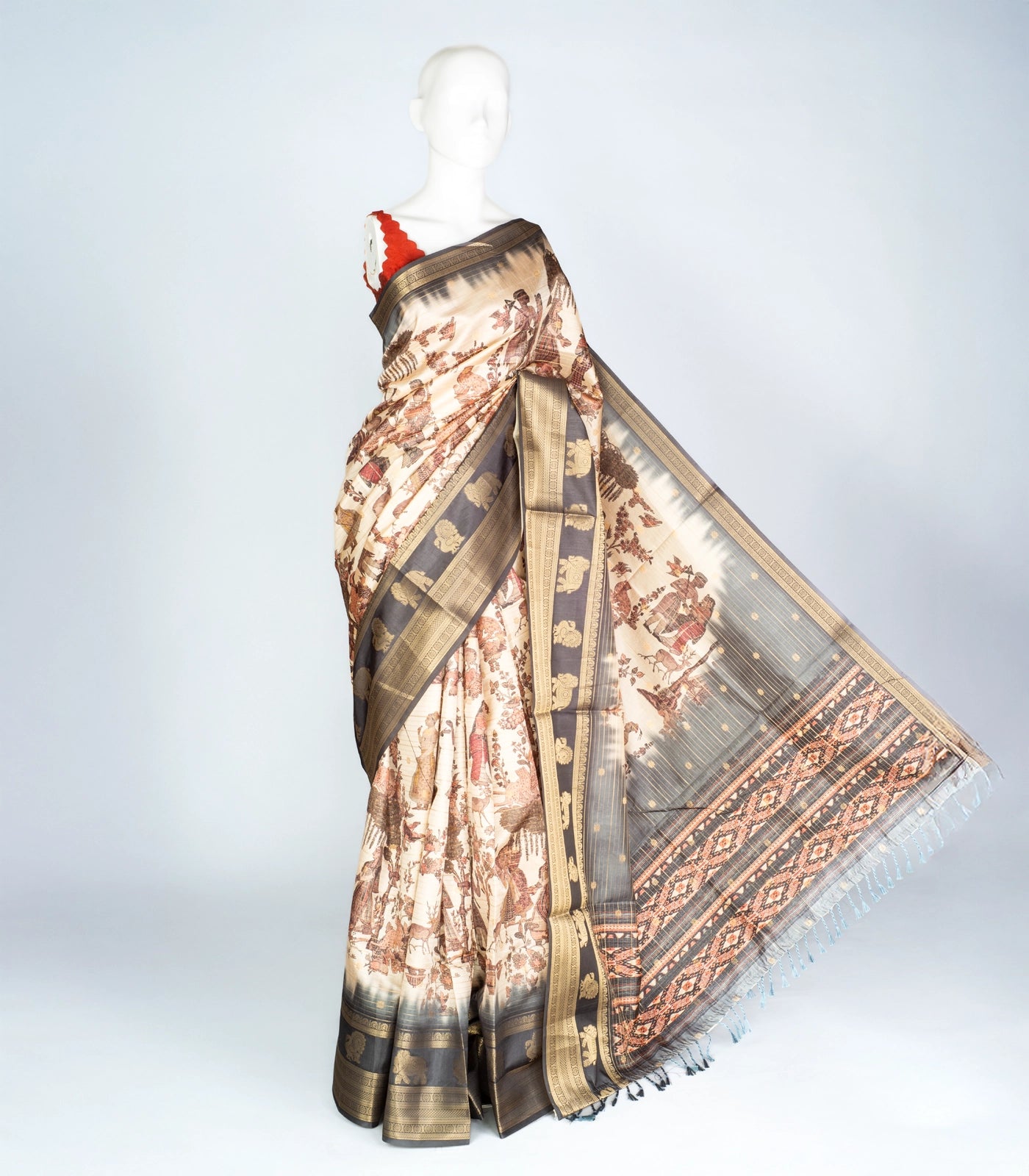 Cream Woven Art Tussar Silk Saree With Printed Mughal Motifs-BL3879 ...