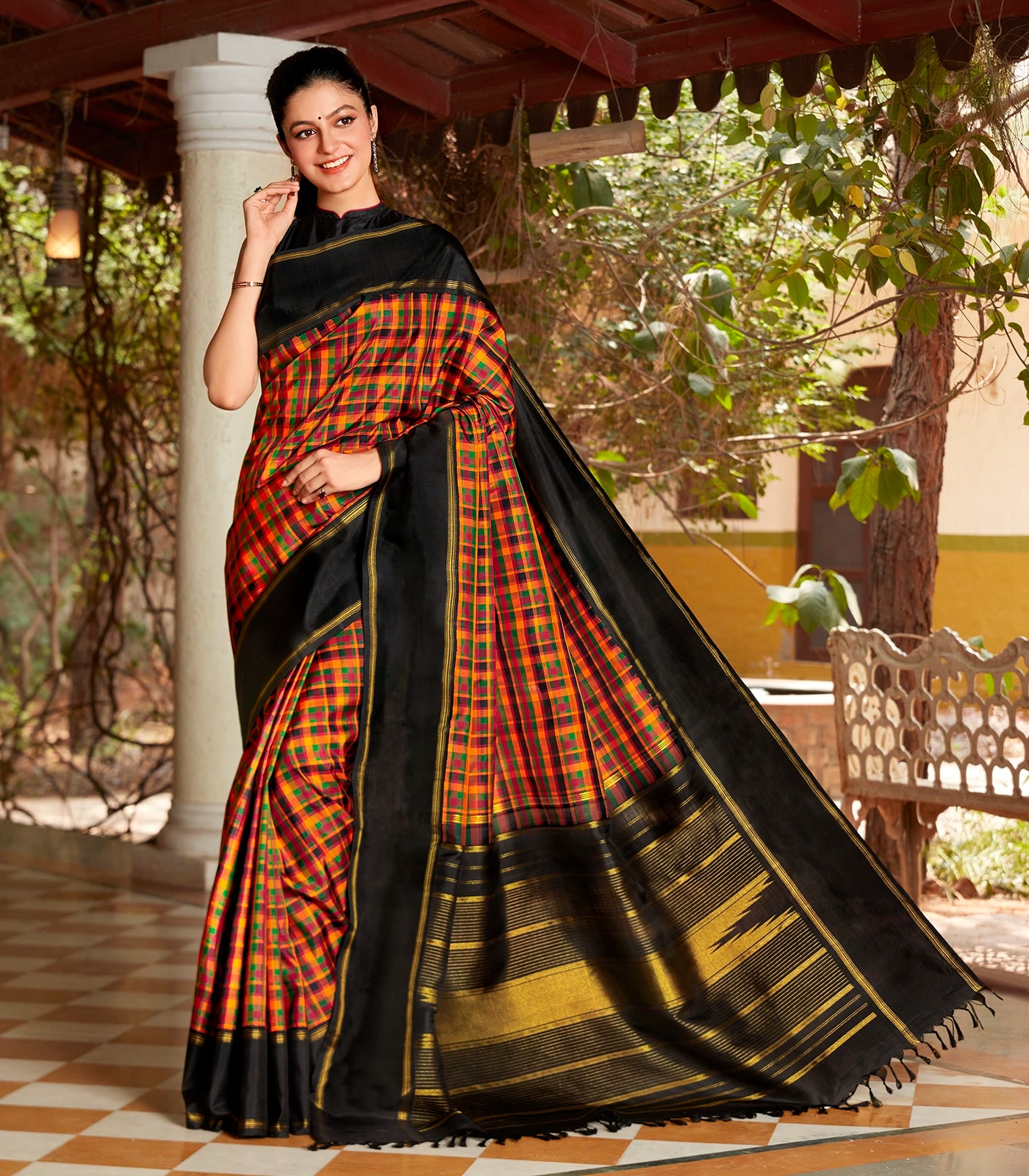 Orange & Green Handloom Korvai Kanchipuram Silk Saree With Checks ...