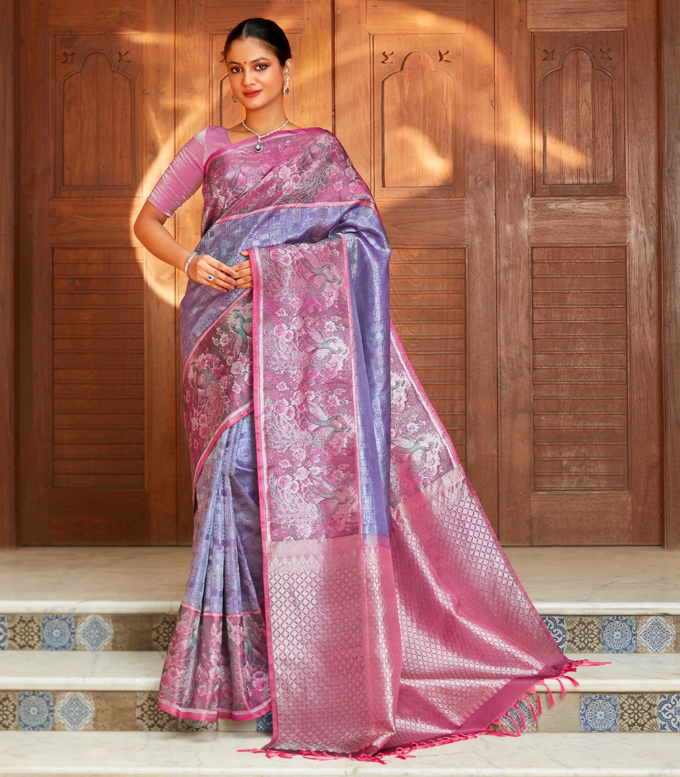 Lavender Handloom Kanchipuram Silk Saree With Peacock Motifs In Border ...