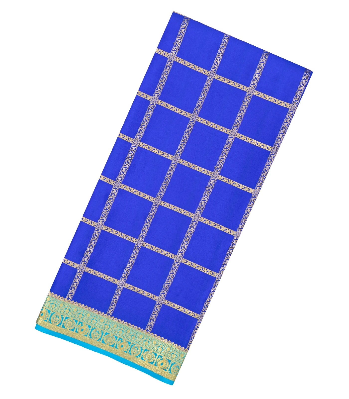 Blue Woven Mysore Crepe 9 Yards Silk Saree With Floral Checks ...