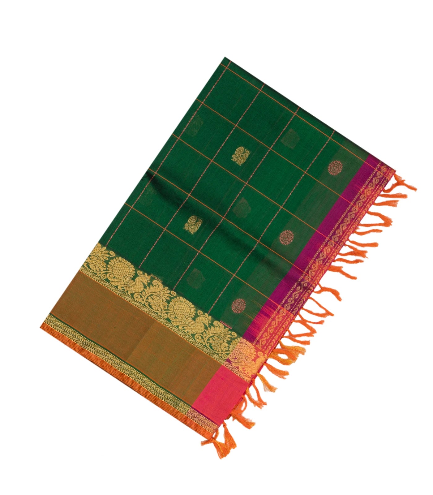 Dark Green Handloom Silk Cotton Saree With Checks & Buttas – RmKV Silks ...