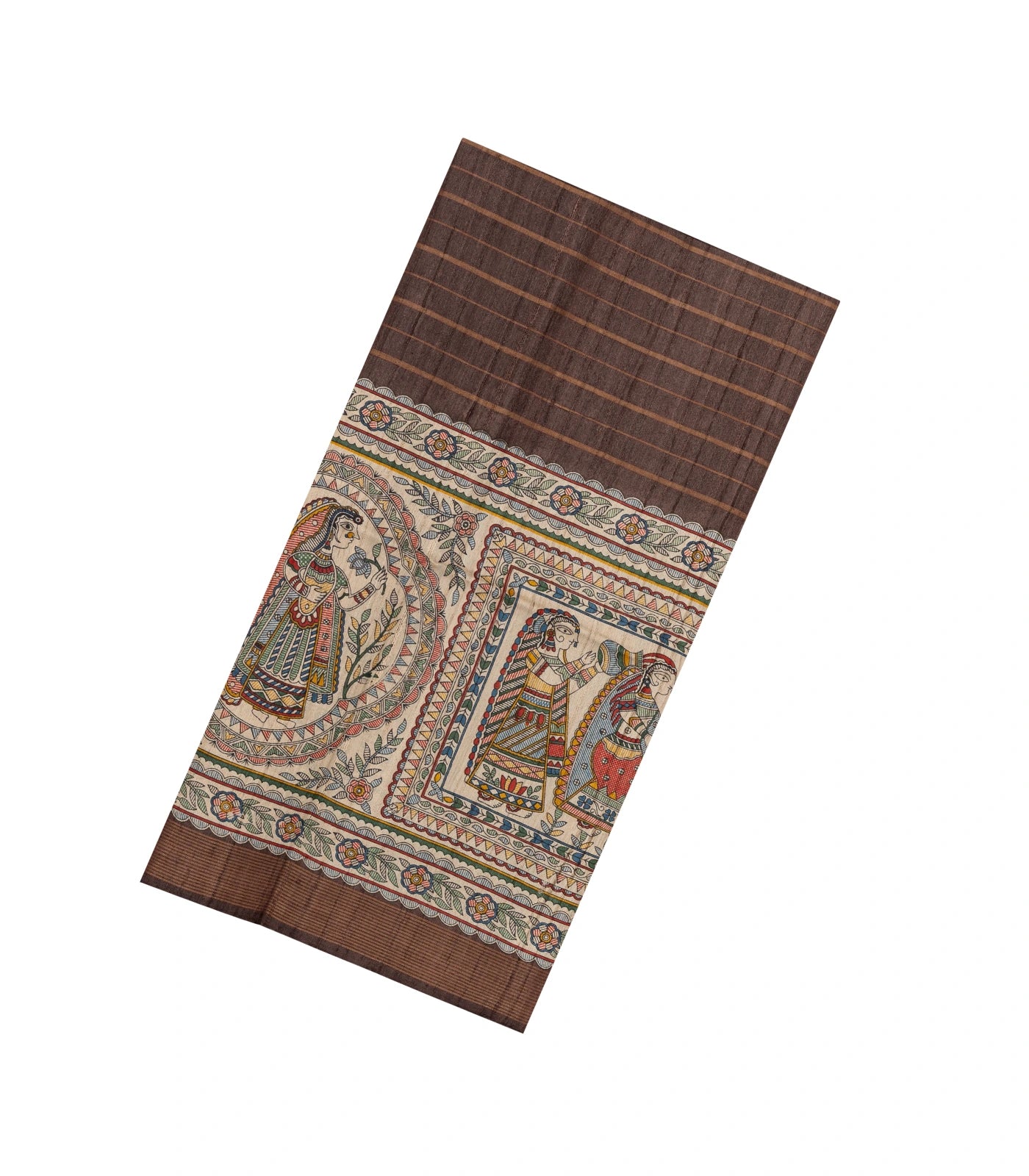 Dark Grey Handloom Tussar Silk Saree With Stripes & Printed Border ...