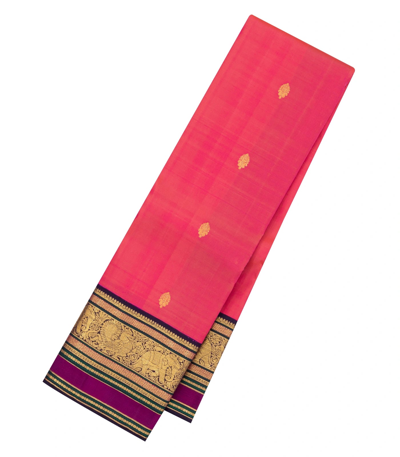 Hot Peach Handloom Korvai Kanchipuram Silk Saree With Floral Buttas-KA14527
