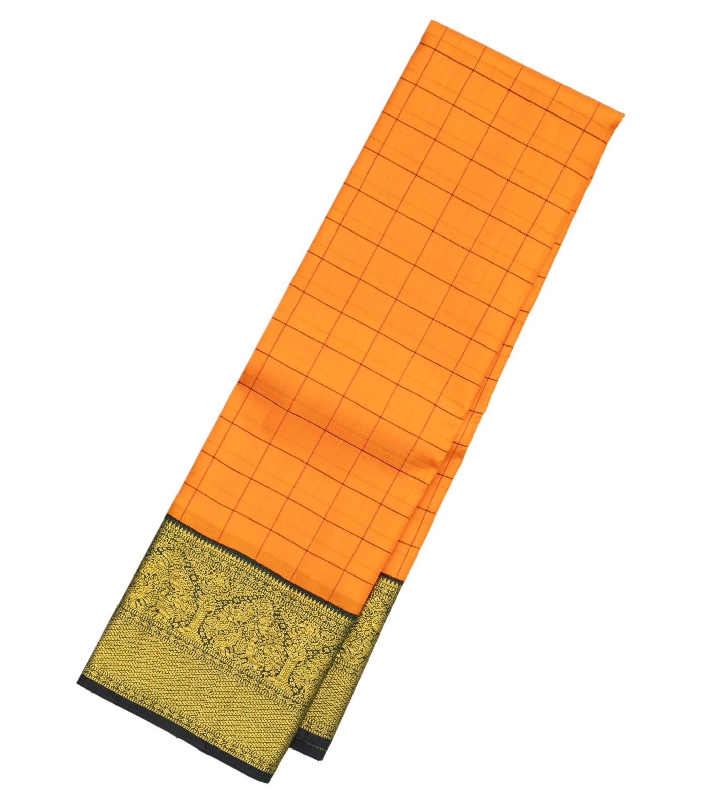 Mango Yellow Handloom Korvai Kanchipuram Silk Saree With Checks-KA12904