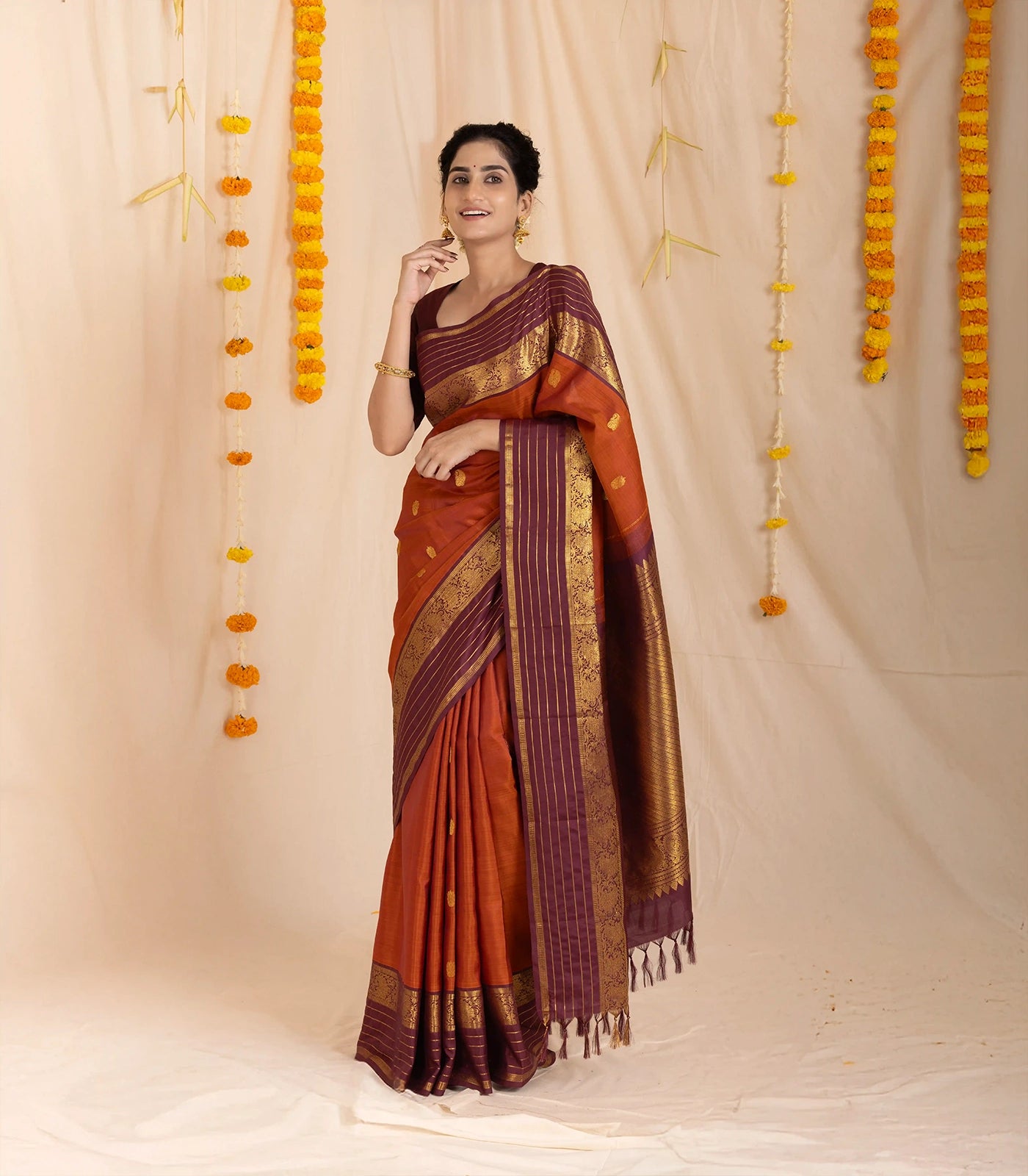 Rust Handloom Kanchipuram Silk Saree With Buttas & Maroon Border ...