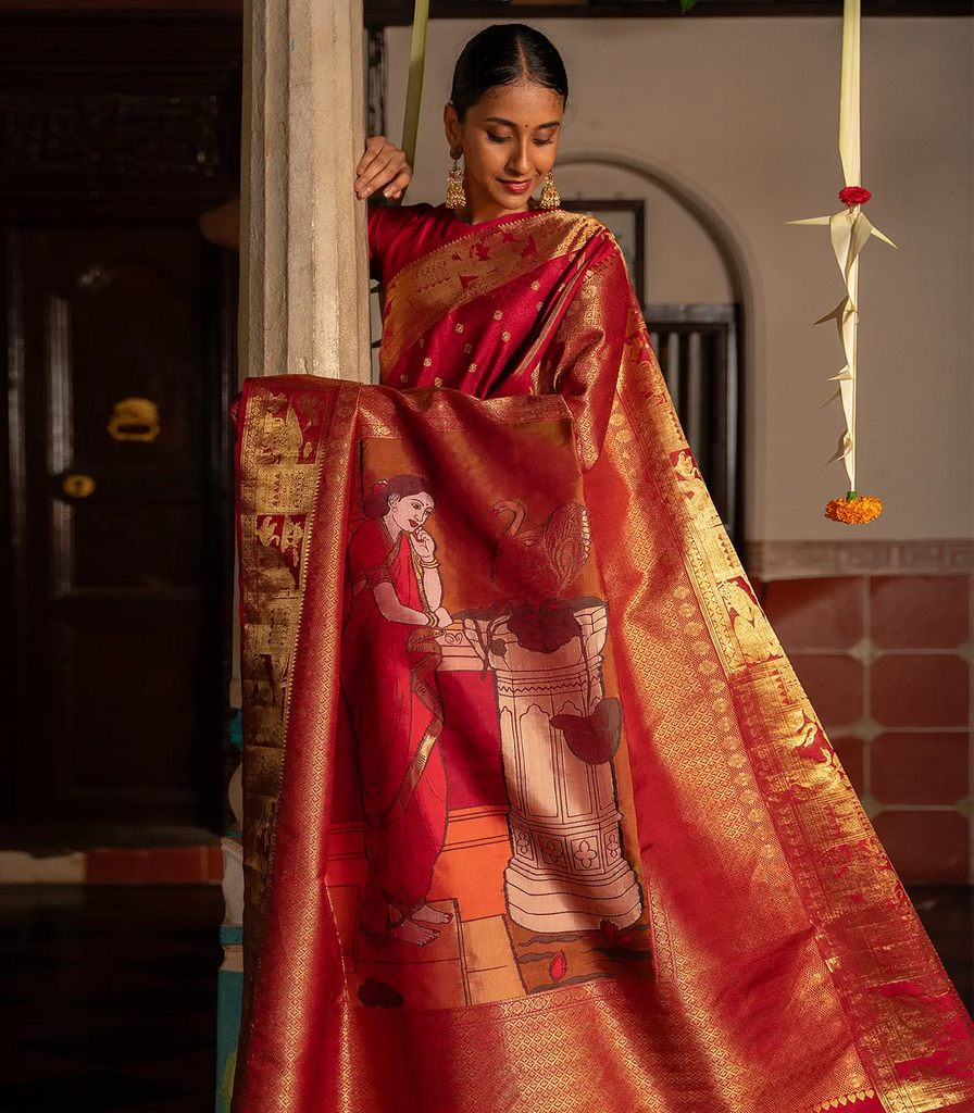 Crimson Handwoven Kanchipuram "Hamsa Damayanthi" Silk Saree-Crimson ...