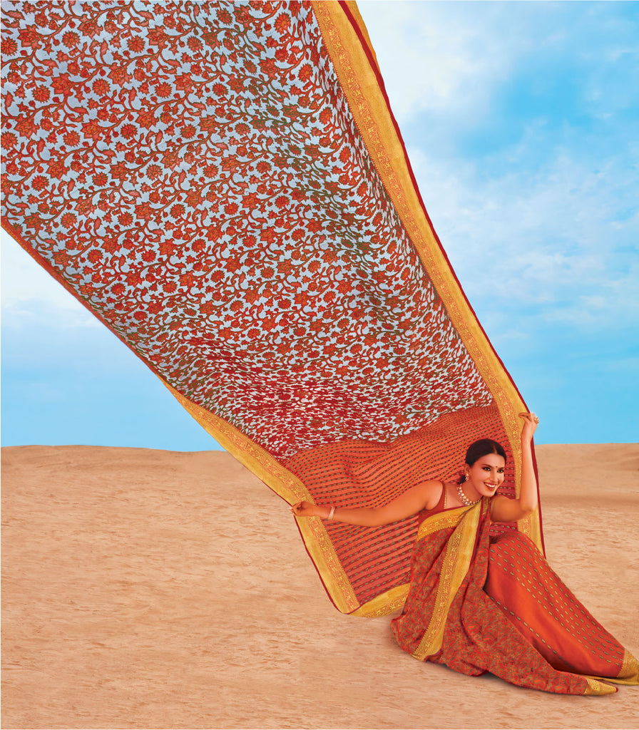 Orange Handloom Lino Lite Partly Silk Saree Meena Motifs – RmKV Silks