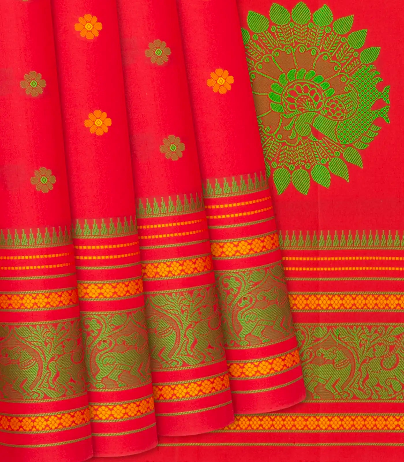 Red Handloom Soft Silk saree With Kamalam Buttas – RmKV Silks