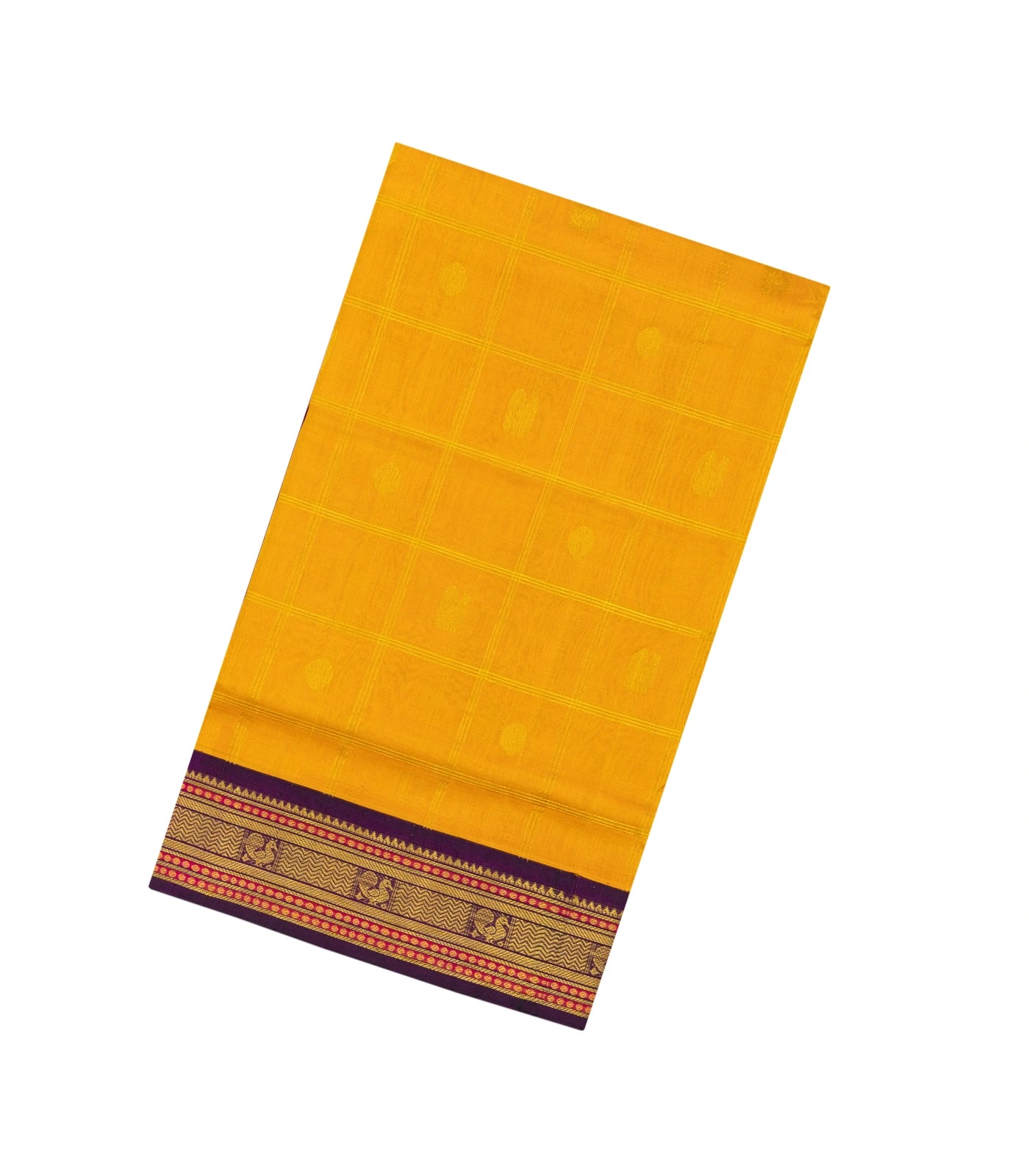 Mango Yellow Handloom Korvai Silk Cotton Saree With Checks & Buttas-SC3897