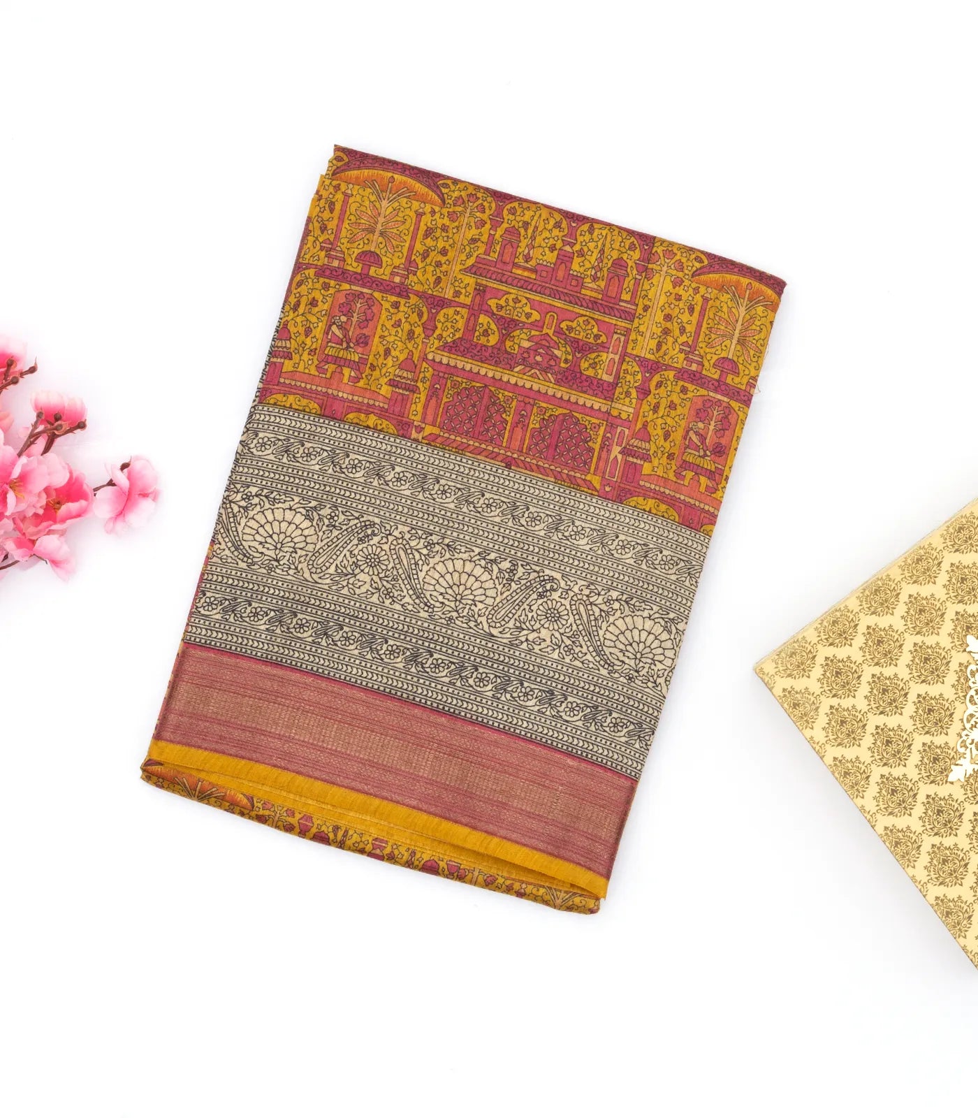 Mustard Tussar Silk Saree With Printed Palace Floral Motifs – RmKV Silks