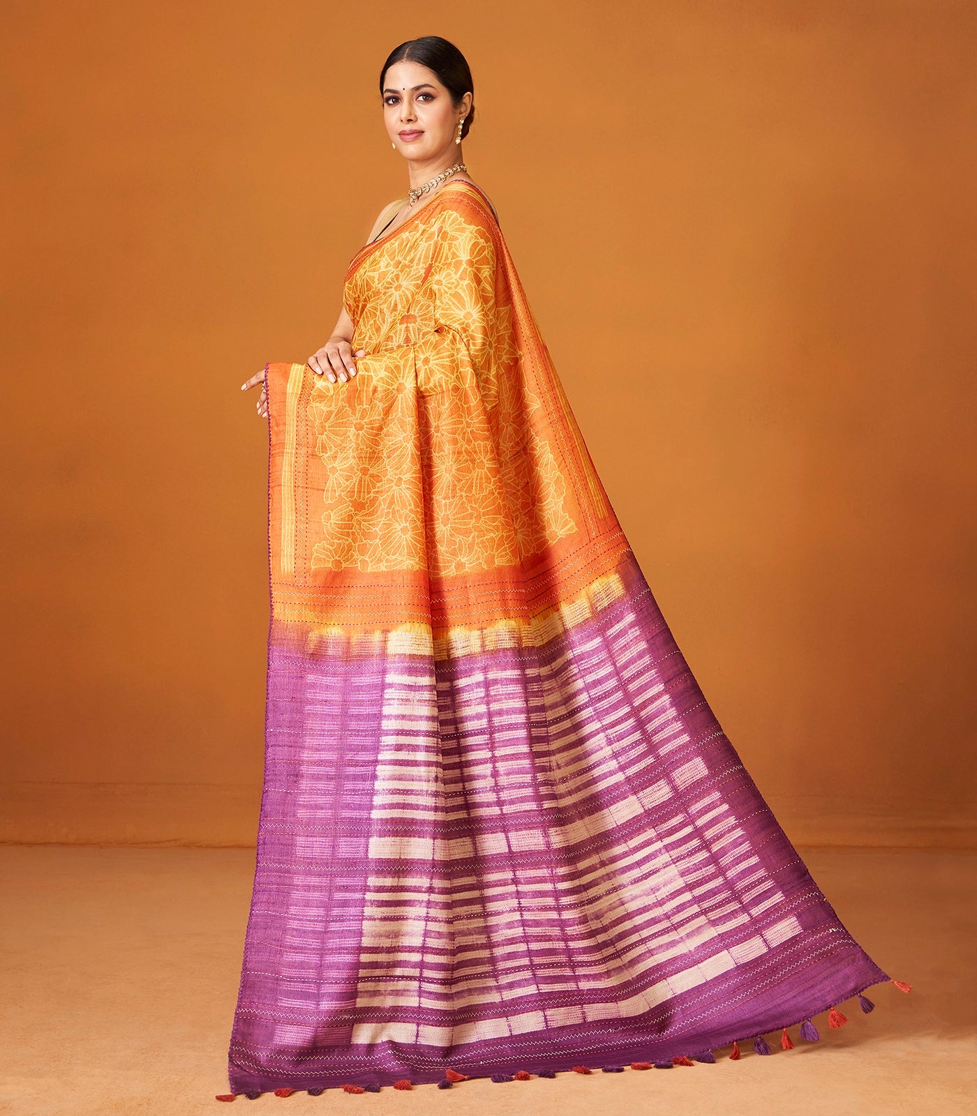 Mango Yellow Woven Tussar Silk Saree With Printed Floral Motifs-TU3001 ...